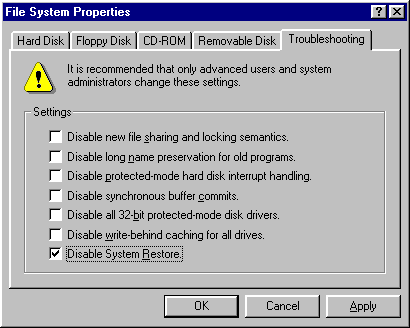 Disabling System Restore